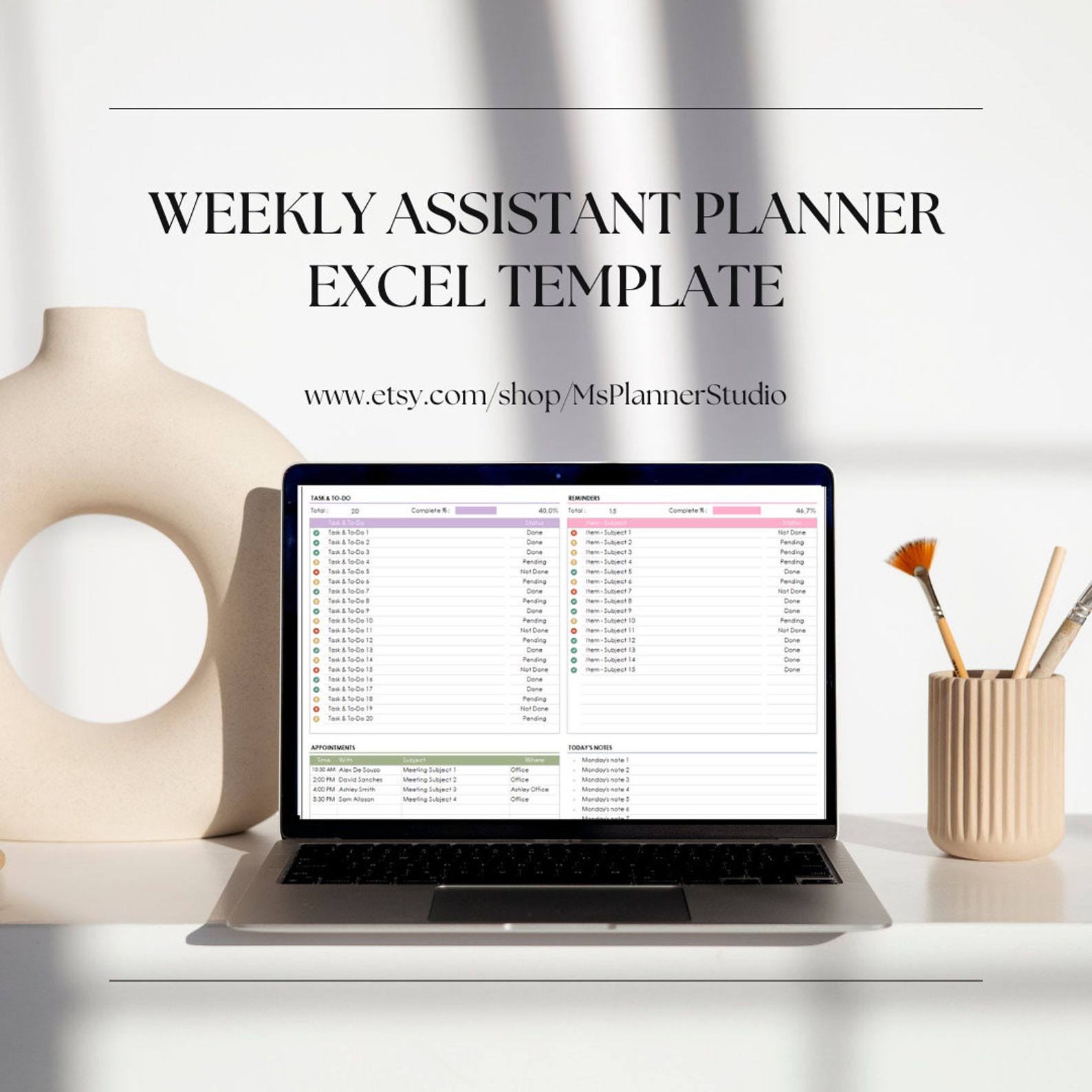 Weekly Assistant Planner Excel Template, 5 Days Office Planner Excel ...