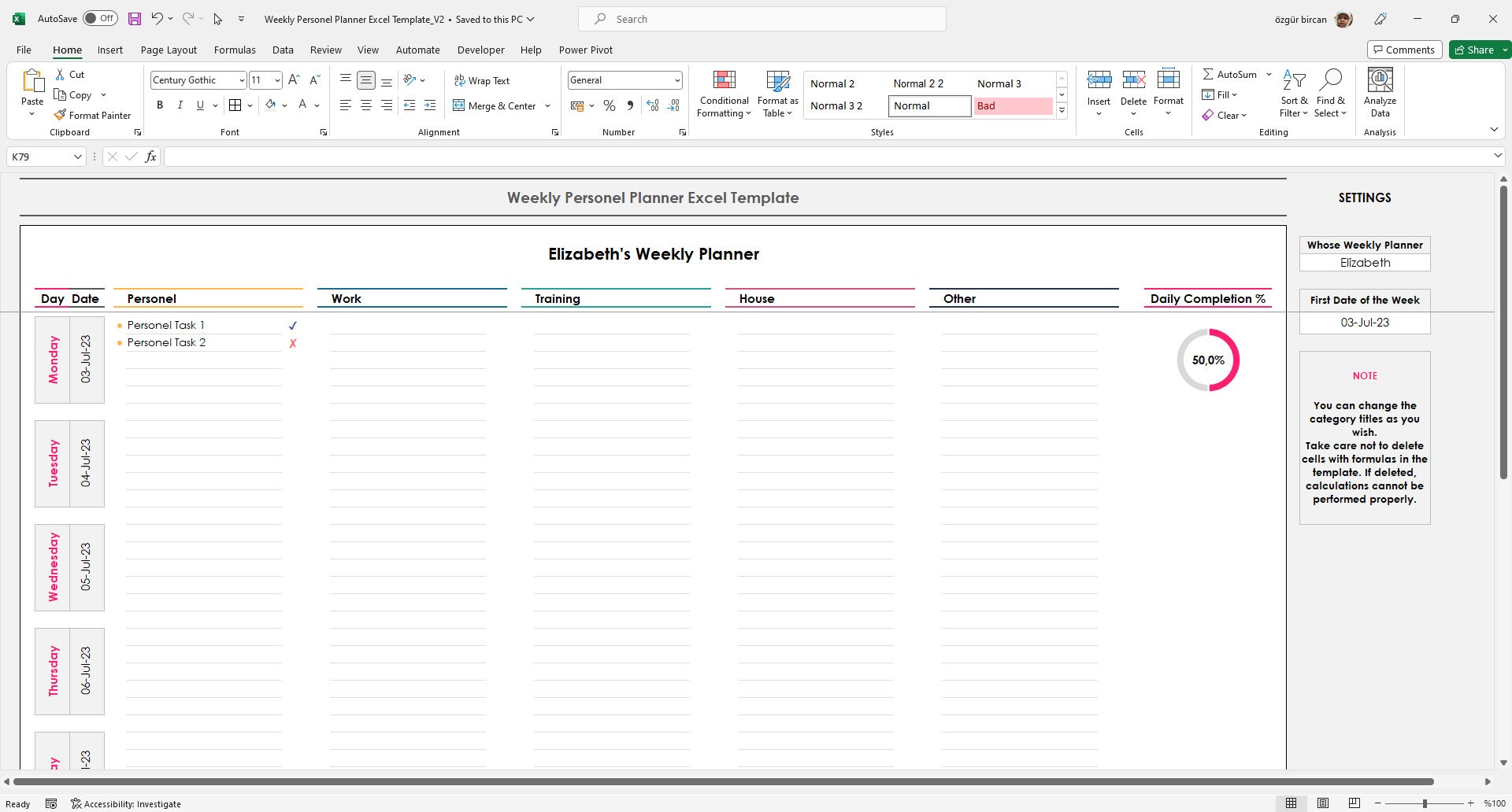 Weekly Personel Planner Excel Template, Dated Weekly Planner Excel ...
