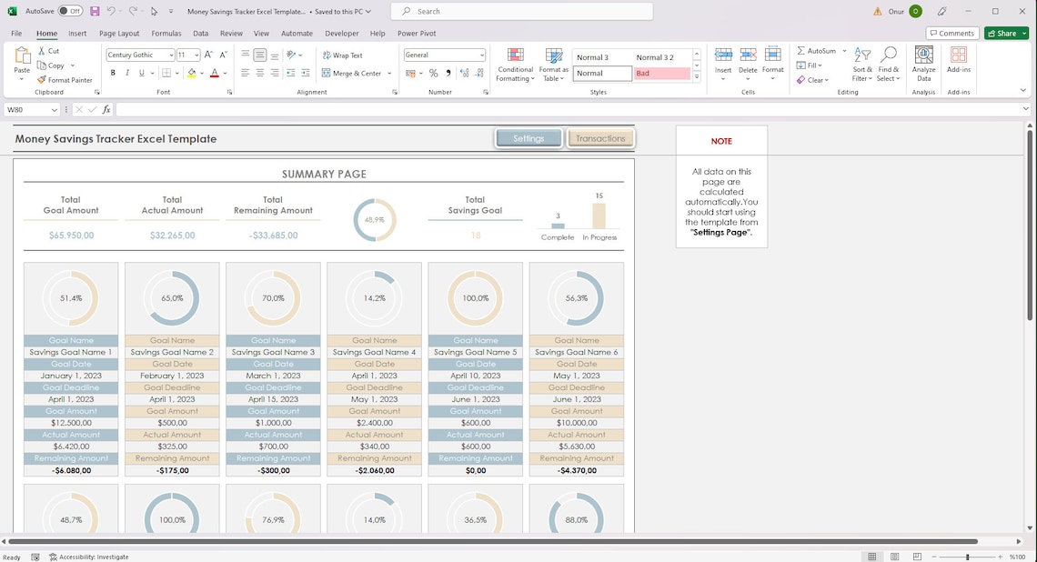 Money Savings Tracker Excel Template Money Goal Tracker Excel - Etsy