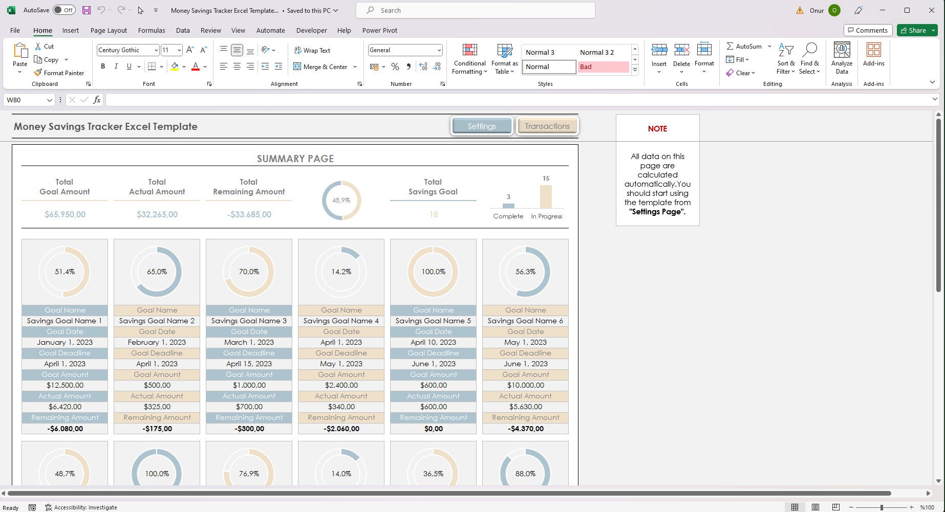 Money Savings Tracker Excel Template: Financial Goal Spreadsheet - Etsy