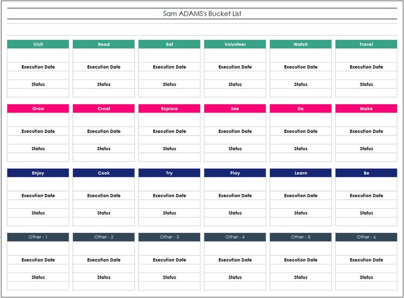 Bucket List Excel Template, Personel Bucket List Tracker, Editable ...