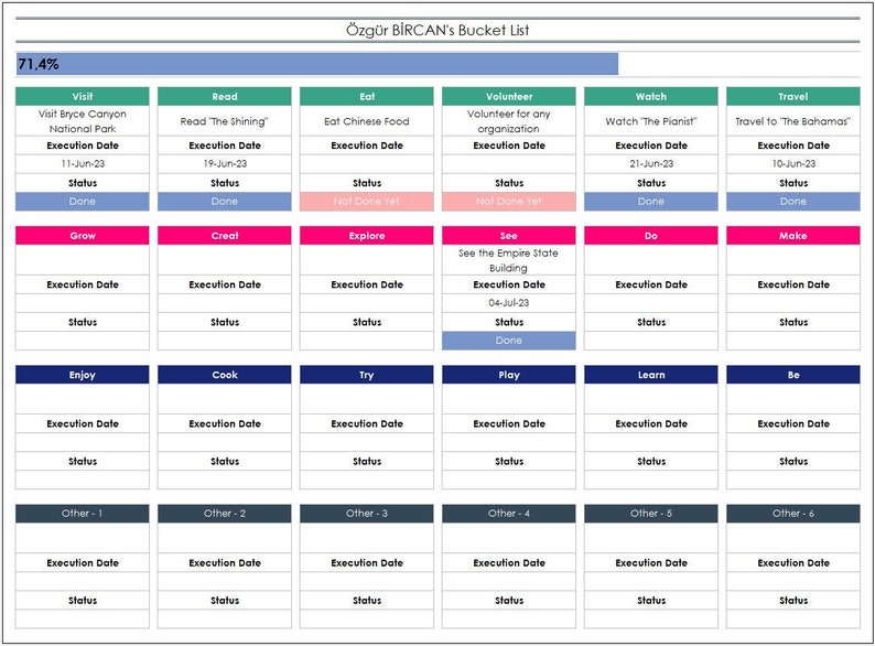 Bucket List Excel Template, Personel Bucket List Tracker, Editable ...