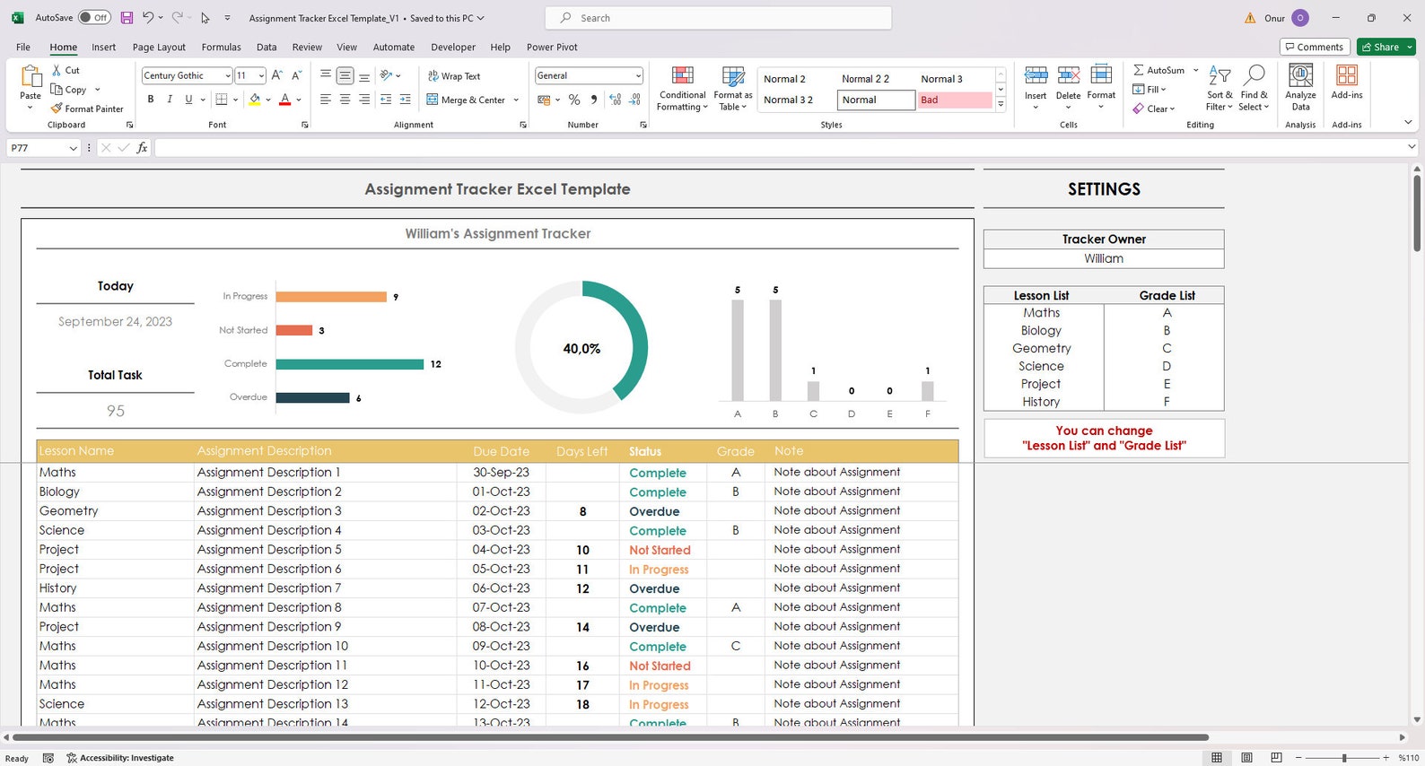 Assignment Tracker Excel Template: Homework Planner (digital Download ...