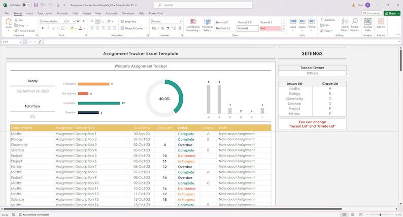 Assignment Tracker Excel Template: Homework Planner (digital Download ...