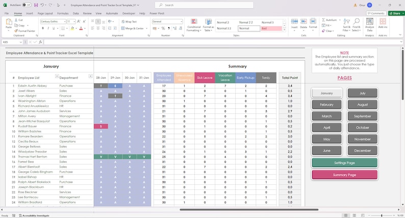 Employee Attendance Tracker: Point System Excel Template - Etsy