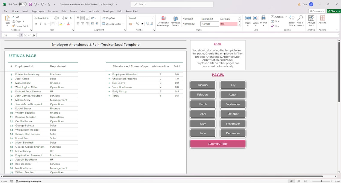 Employee Attendance and Point Tracker Excel Template, Attendance Point ...