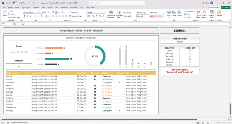 Assignment Tracker Excel Template: Homework Planner (digital Download ...