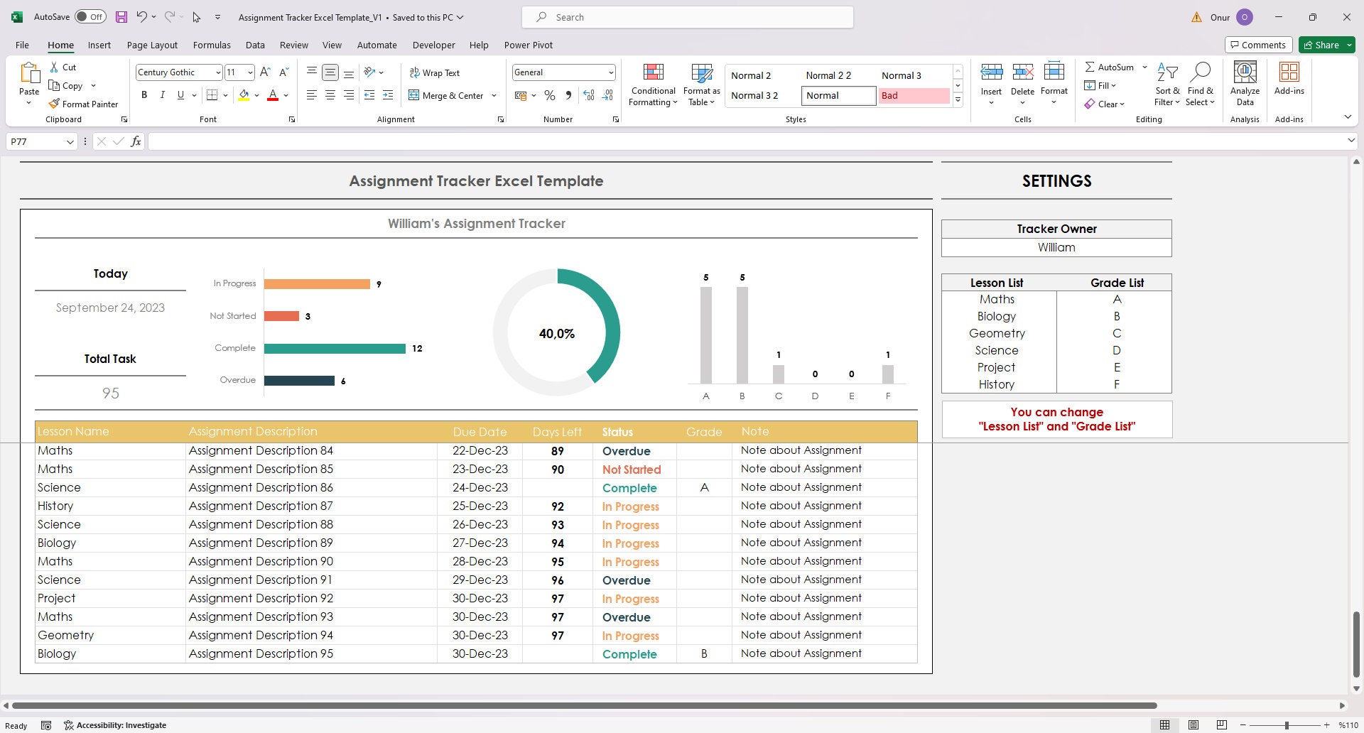 Assignment Tracker Excel Template: Homework Planner (digital Download ...