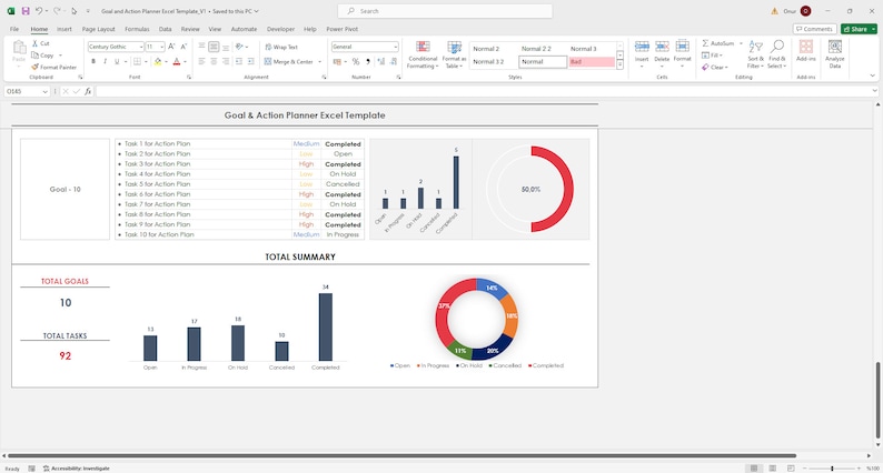 Goal and Action Planner Excel Template, Action Plan Spreadsheet, Excel ...