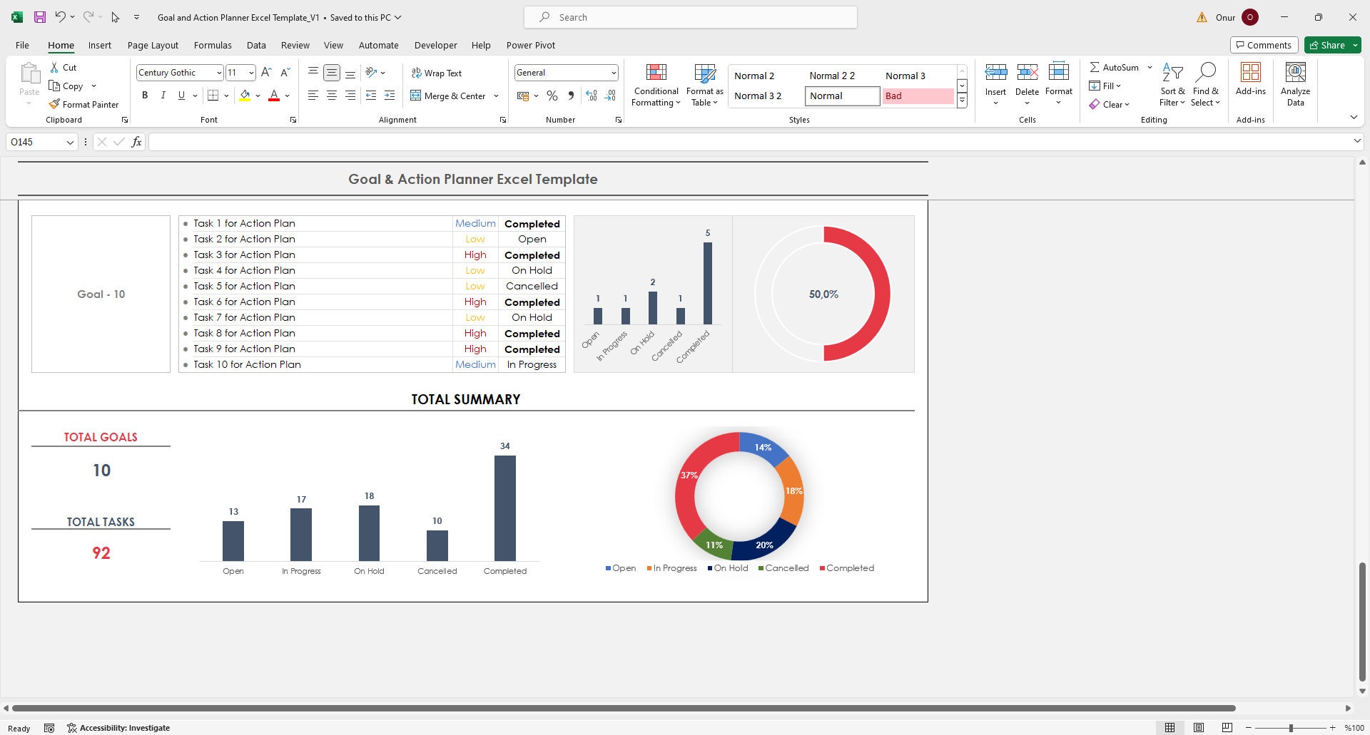 Goal and Action Planner Excel Template: Goal Achievement (digital ...