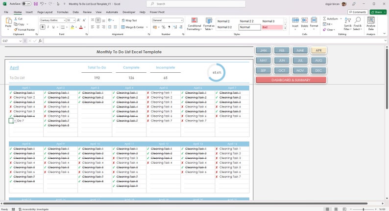Monthly to Do List Excel Template, Monthly Checklist Excel Template, 12 ...