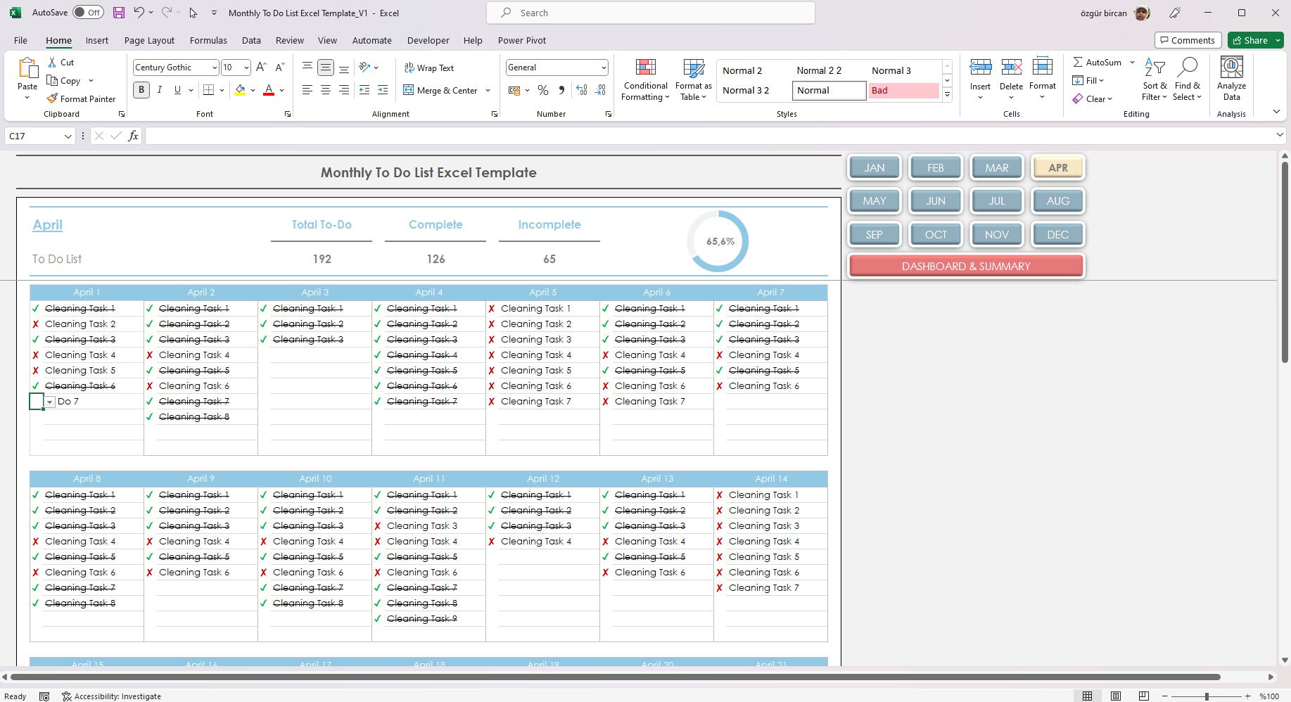 Monthly to Do List Excel Template, Monthly Checklist Excel Template, 12 ...