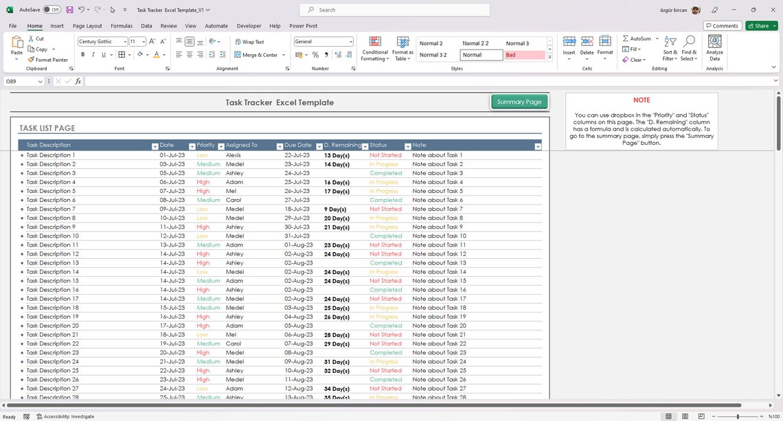 Task Tracker Excel Template, Task List Planner Excel Template, Excel ...