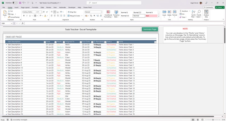 Task Tracker Excel Template, Task List Planner Excel Template, Excel ...