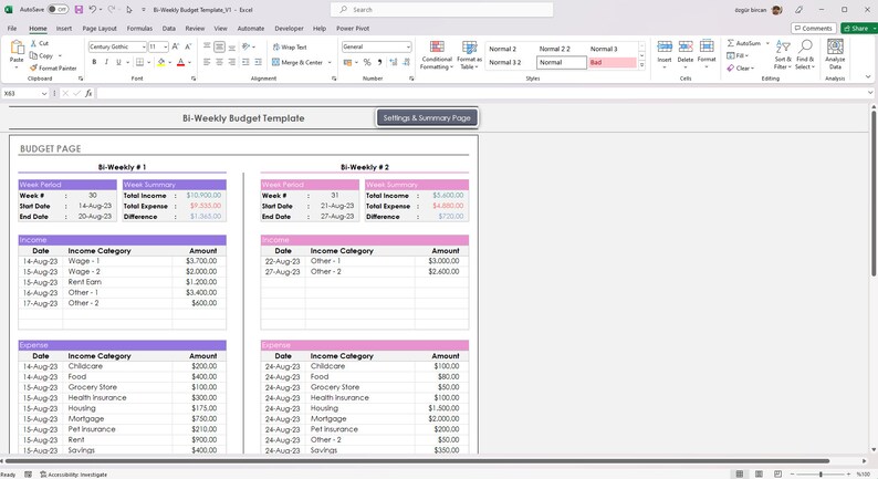 Bi-weekly Budget Excel Template, 2 Weeks Budget Excel Template, Bi ...