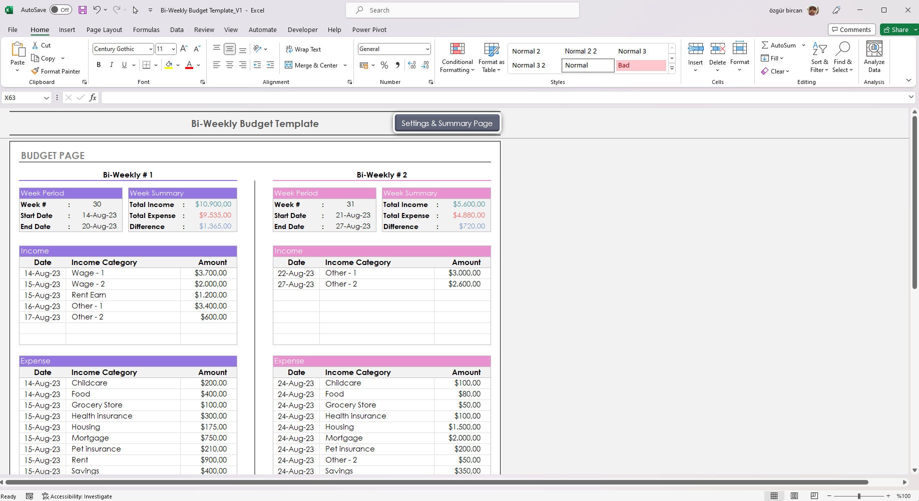 Bi-weekly Budget Excel Template, 2 Weeks Budget Excel Template, Bi ...