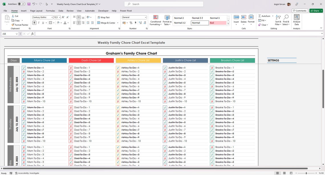 Weekly Family Chore Chart Excel Template, Weekly Family To-do List ...