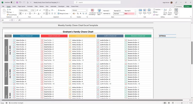 Weekly Family Chore Chart Excel Template, Weekly Family To-do List ...