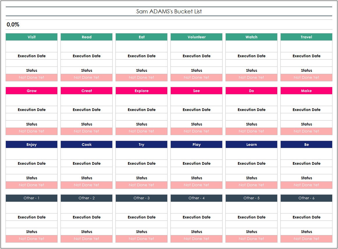 Bucket List Excel Template, Personel Bucket List Tracker, Editable ...