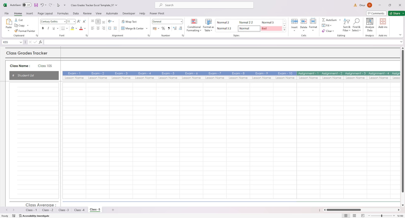 Class Grades Tracker Excel Template: Student Performance Planner - Etsy