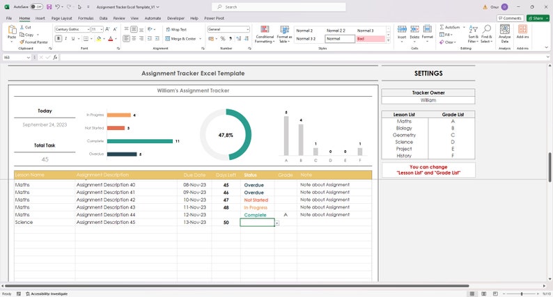 Assignment Tracker Excel Template: Homework Planner (digital Download ...