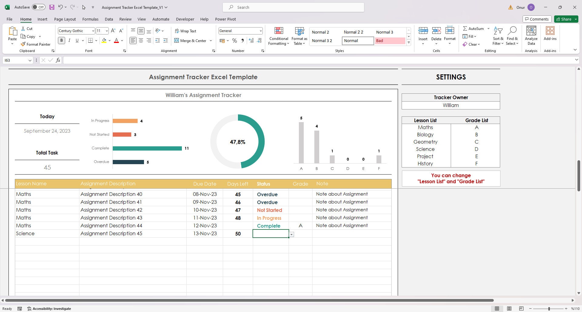 Assignment Tracker Excel Template: Homework Planner (digital Download ...