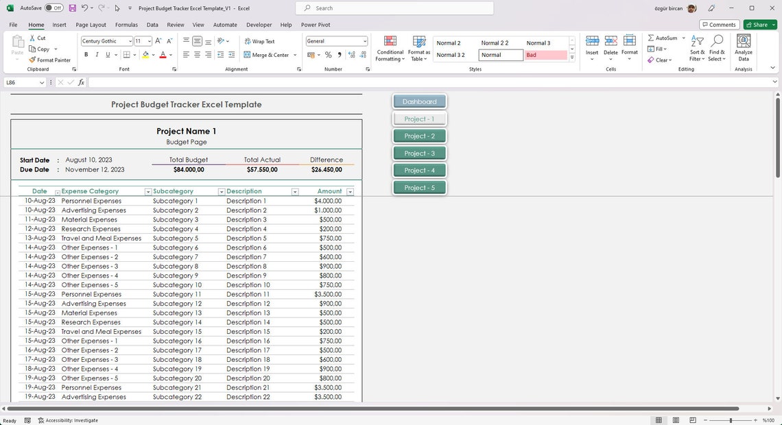 Project Budget Tracker Excel Template: Expense Management (digital ...