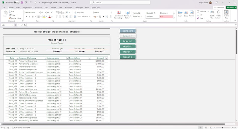 Project Budget Tracker Excel Template: Expense Management (digital ...