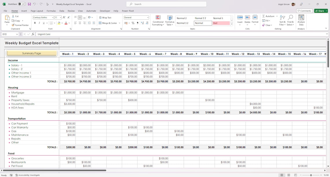 Weekly Budget Excel Template, 52 Weeks Budget Tracker, Weekly Income ...