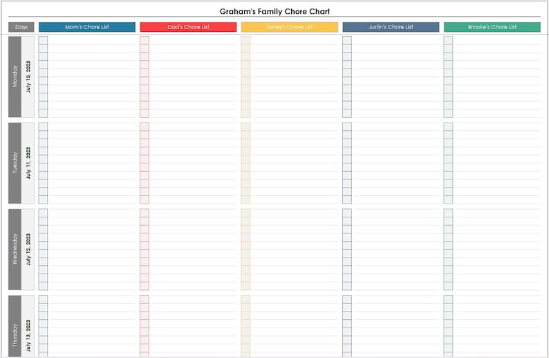 Weekly Family Chore Chart Excel Template, Weekly Family To-do List ...