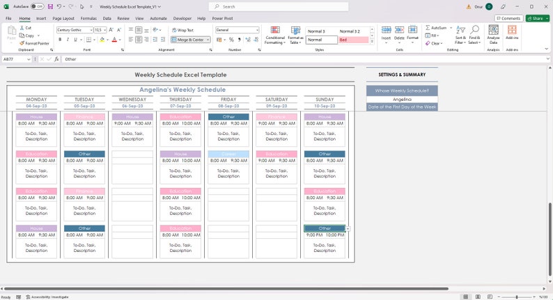 Weekly Schedule Excel Template, Weekly Personel Planner Excel Template ...