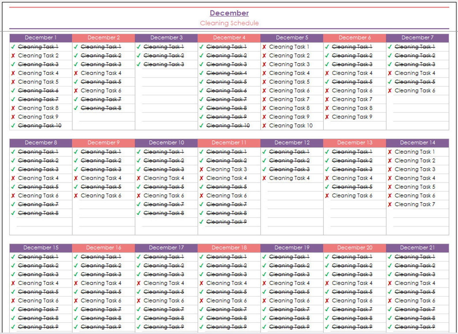 Monthly Cleaning Schedule Excel Template, One Year Cleaning Schedule ...