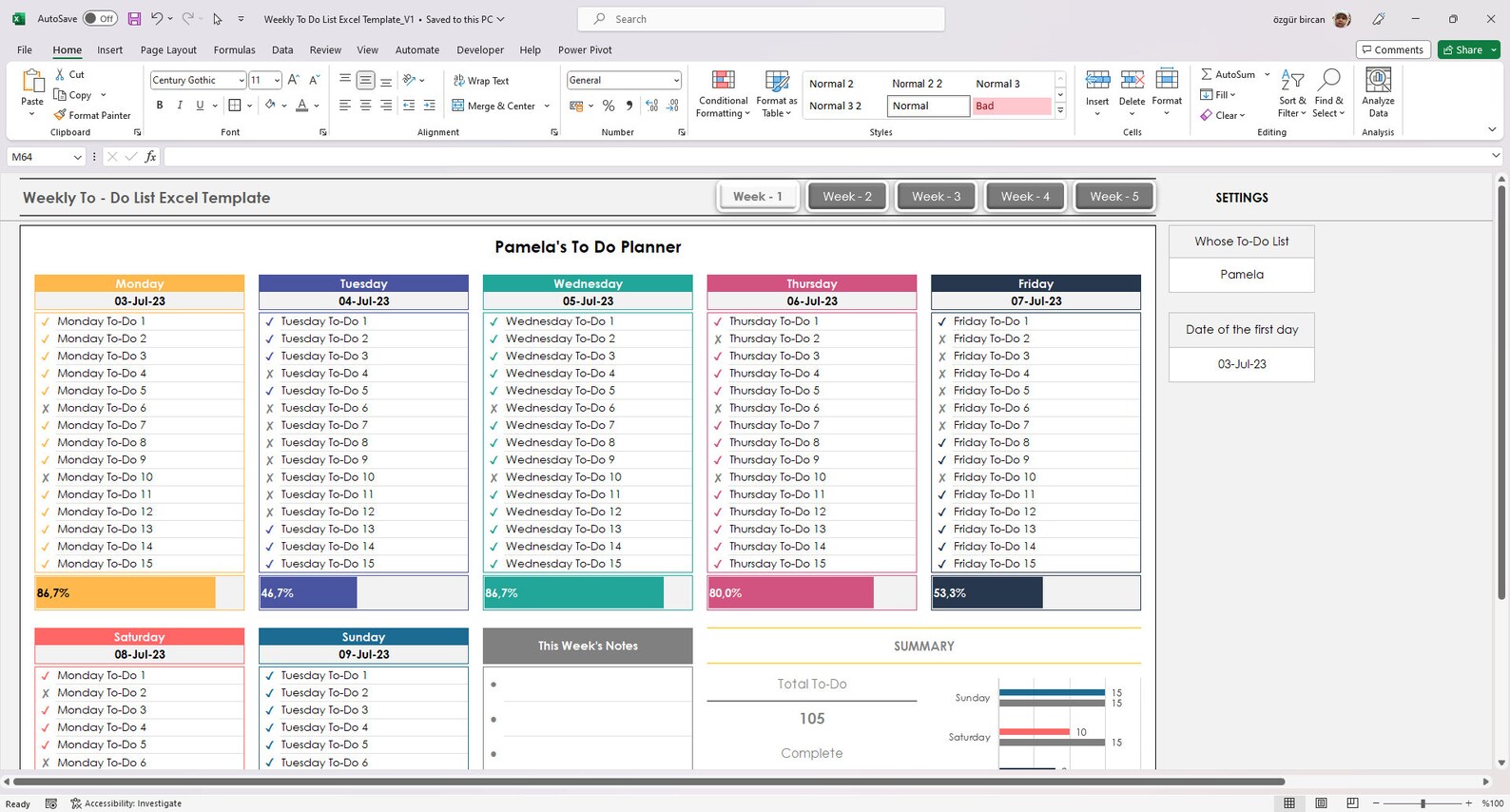 Weekly to Do List Excel Template, Weekly Planner Excel Template, Weekly ...