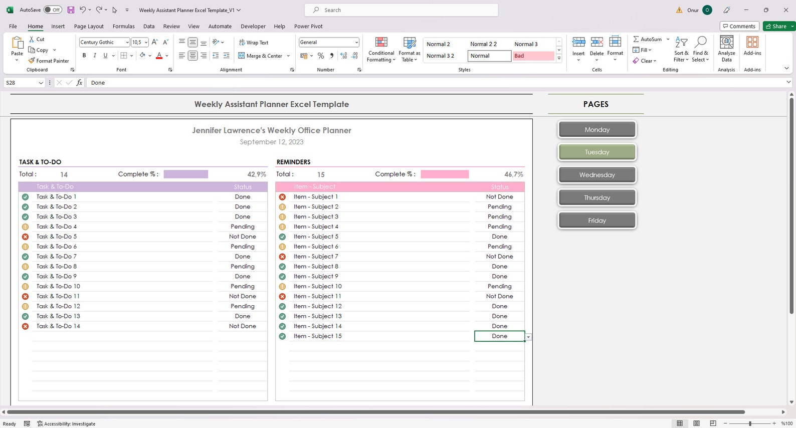 Weekly Assistant Planner Excel Template, 5 Days Office Planner Excel ...
