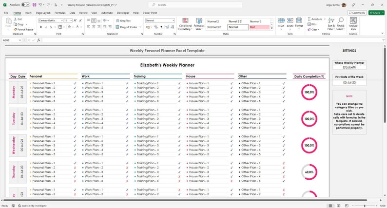 Weekly Personel Planner Excel Template, Dated Weekly Planner Excel ...