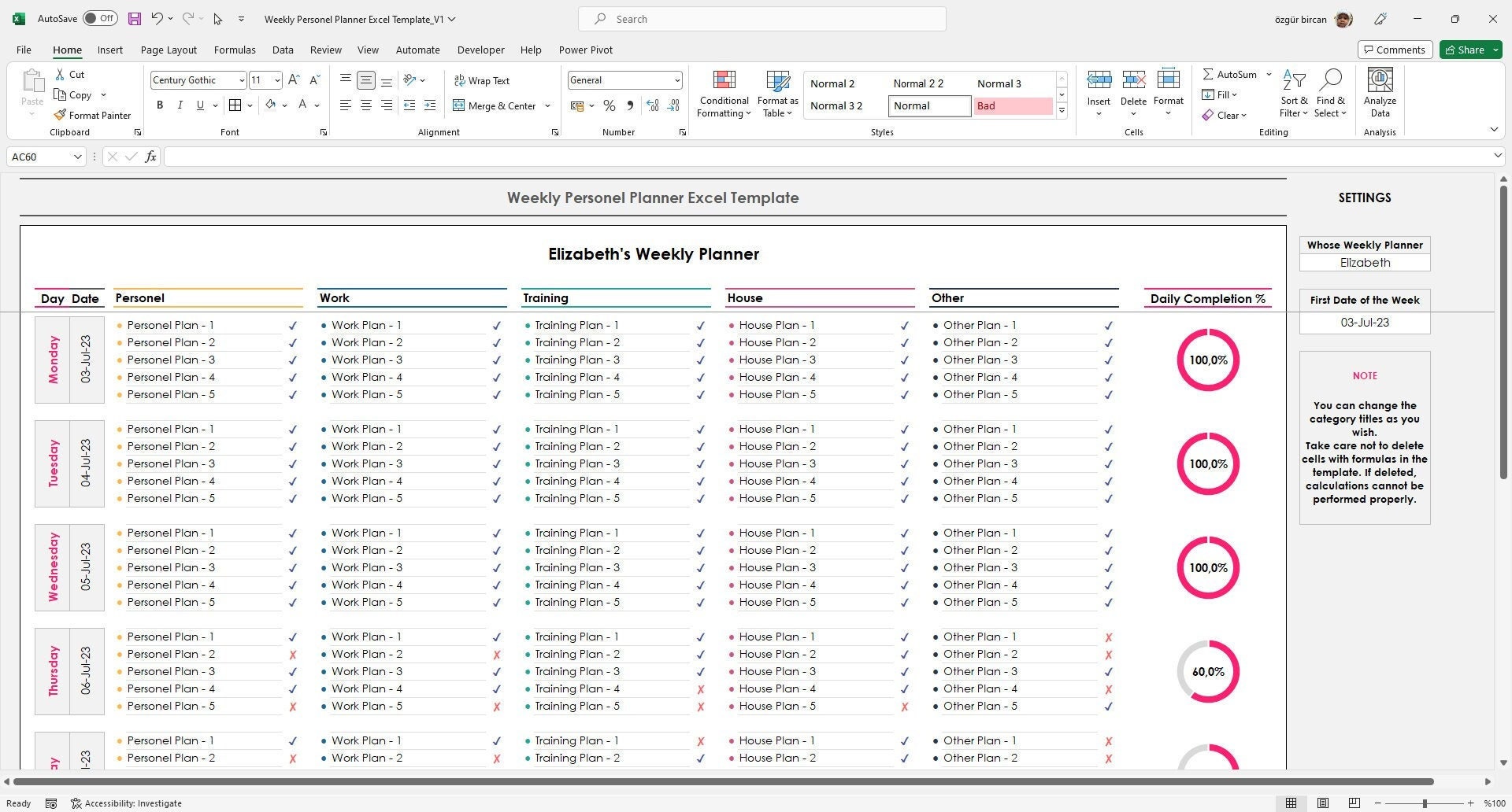 Weekly Personel Planner Excel Template, Dated Weekly Planner Excel ...