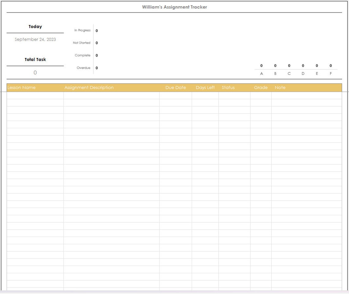 Assignment Tracker Excel Template: Homework Planner (digital Download ...