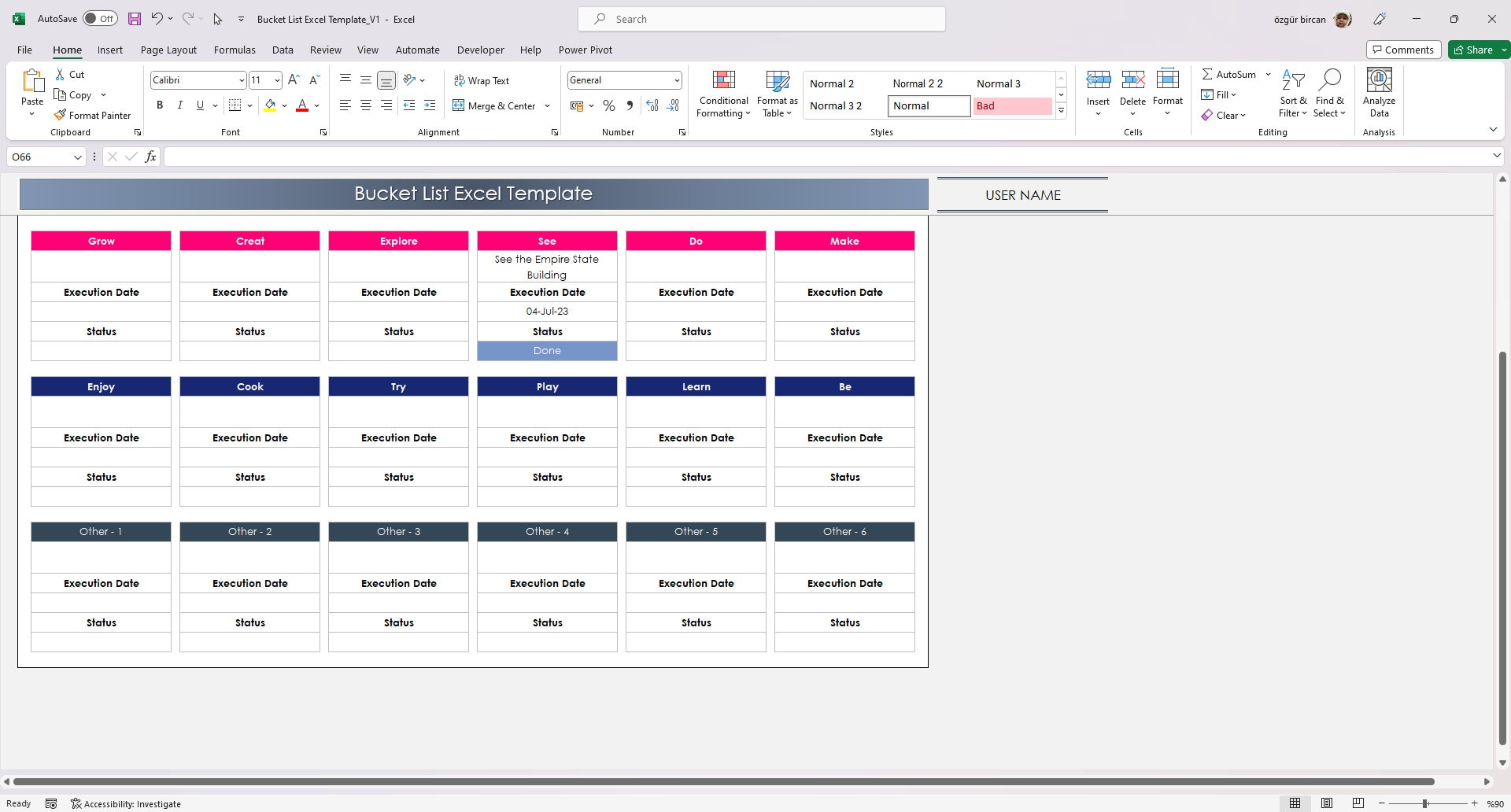 Bucket List Excel Template, Personel Bucket List Tracker, Editable ...