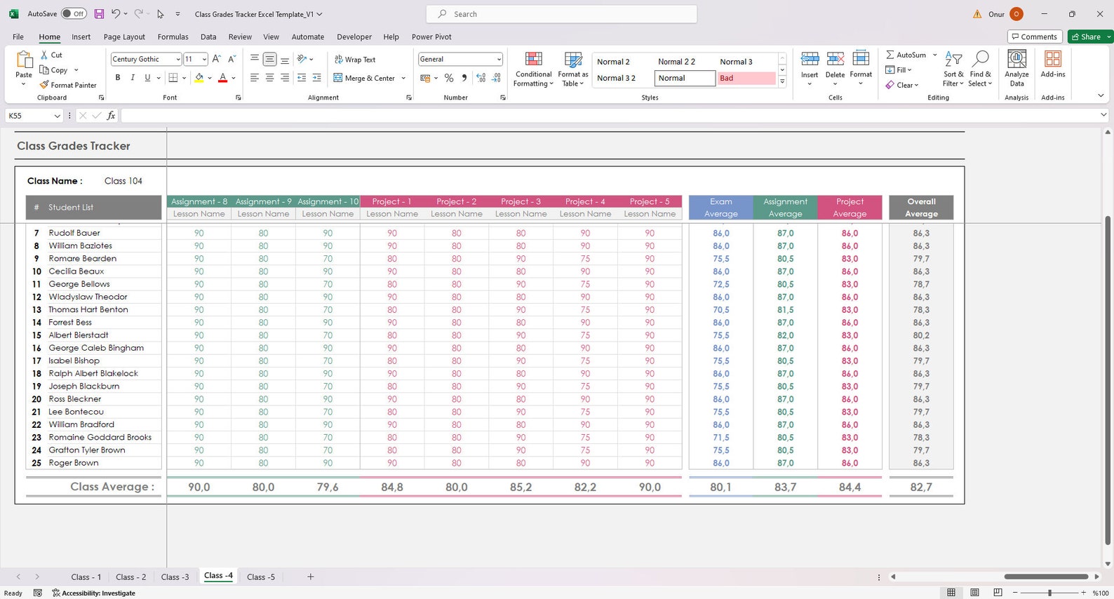 Class Grades Tracker Excel Template: Student Performance Planner - Etsy