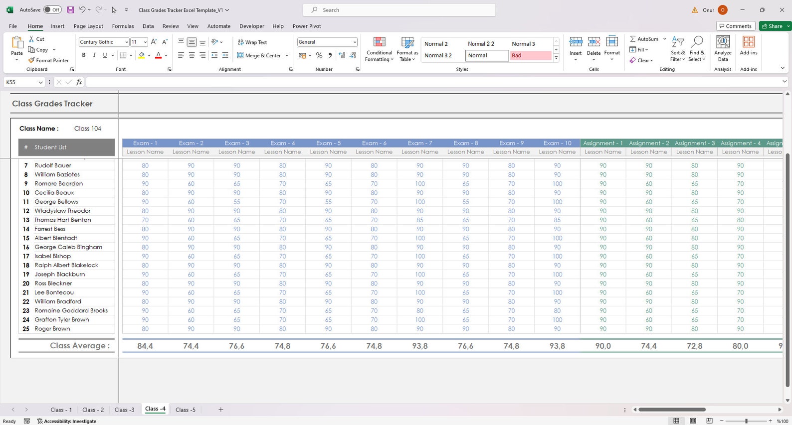 Class Grades Tracker Excel Template: Student Performance Planner - Etsy