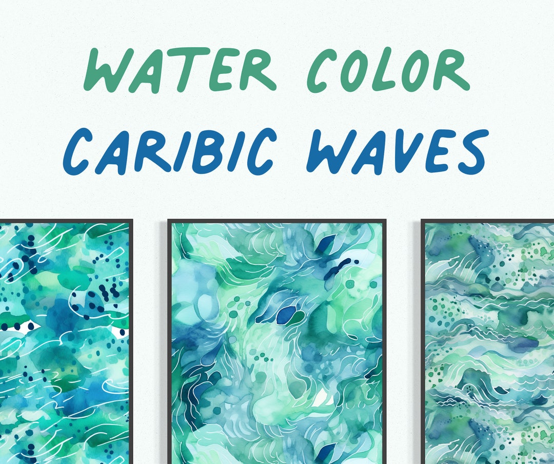 3 Seamless Caribic Waves Patterns, Watercolor Teal Waves, Repeat ...