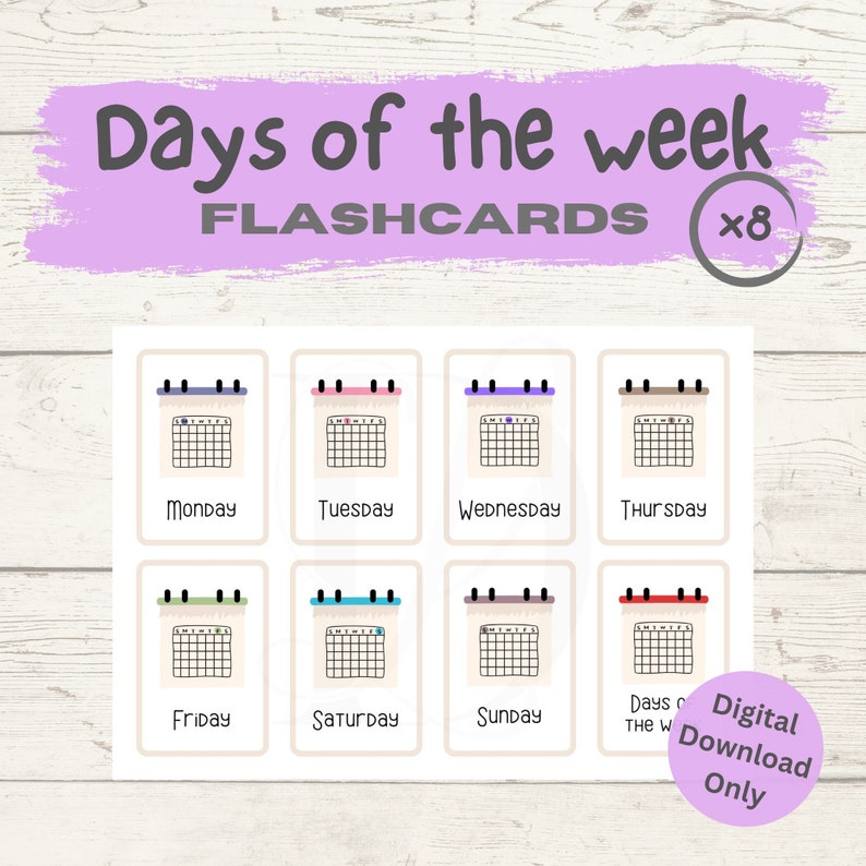 Days of the Week Flashcards Kids Learning - Etsy