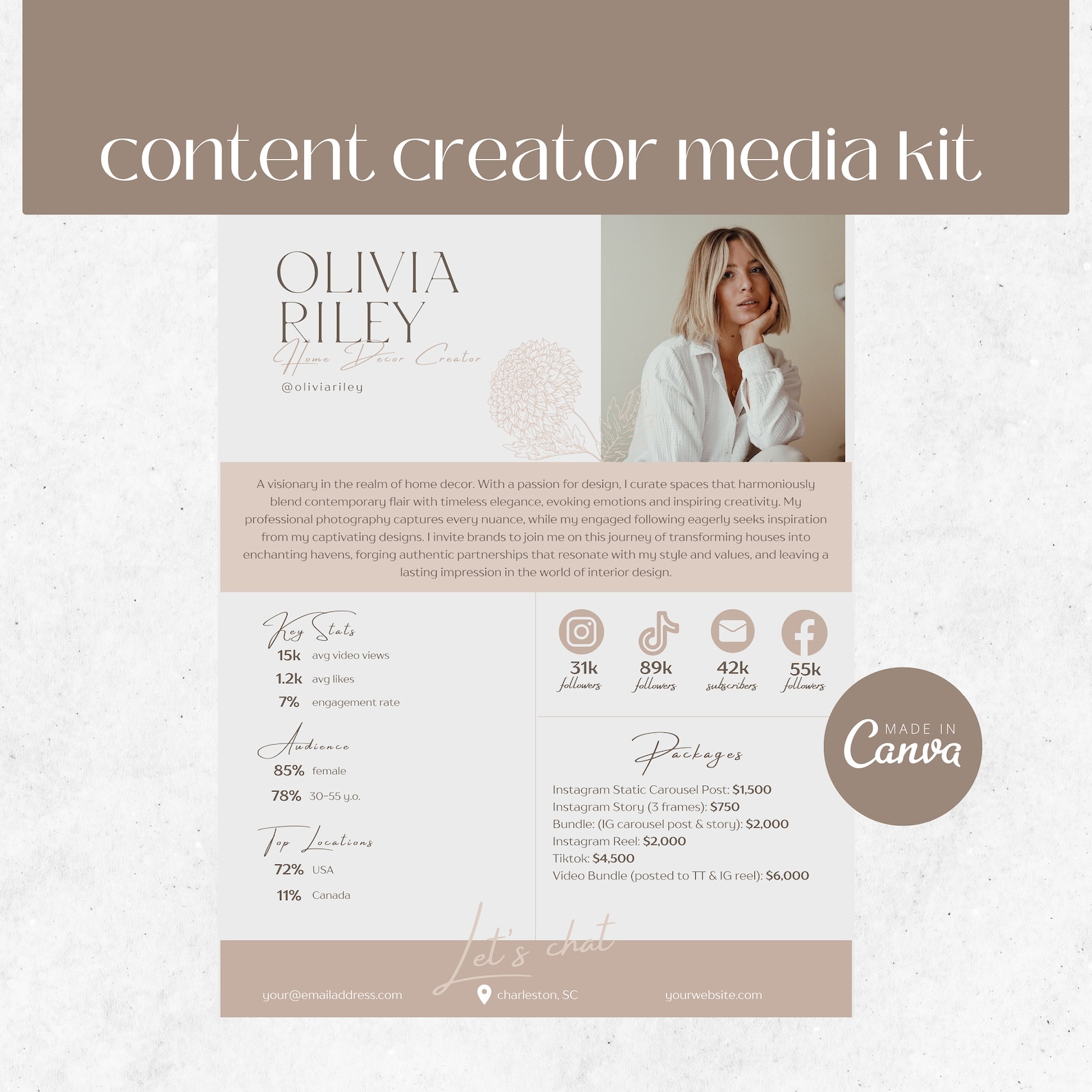 Content Creator Media Kit Template | Instagram Influencer Rate Sheet ...