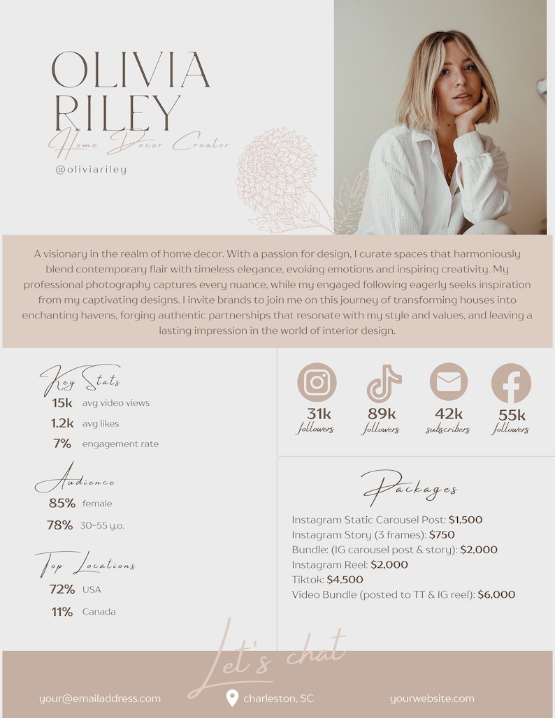 Content Creator Media Kit Template Instagram Influencer Rate Sheet ...