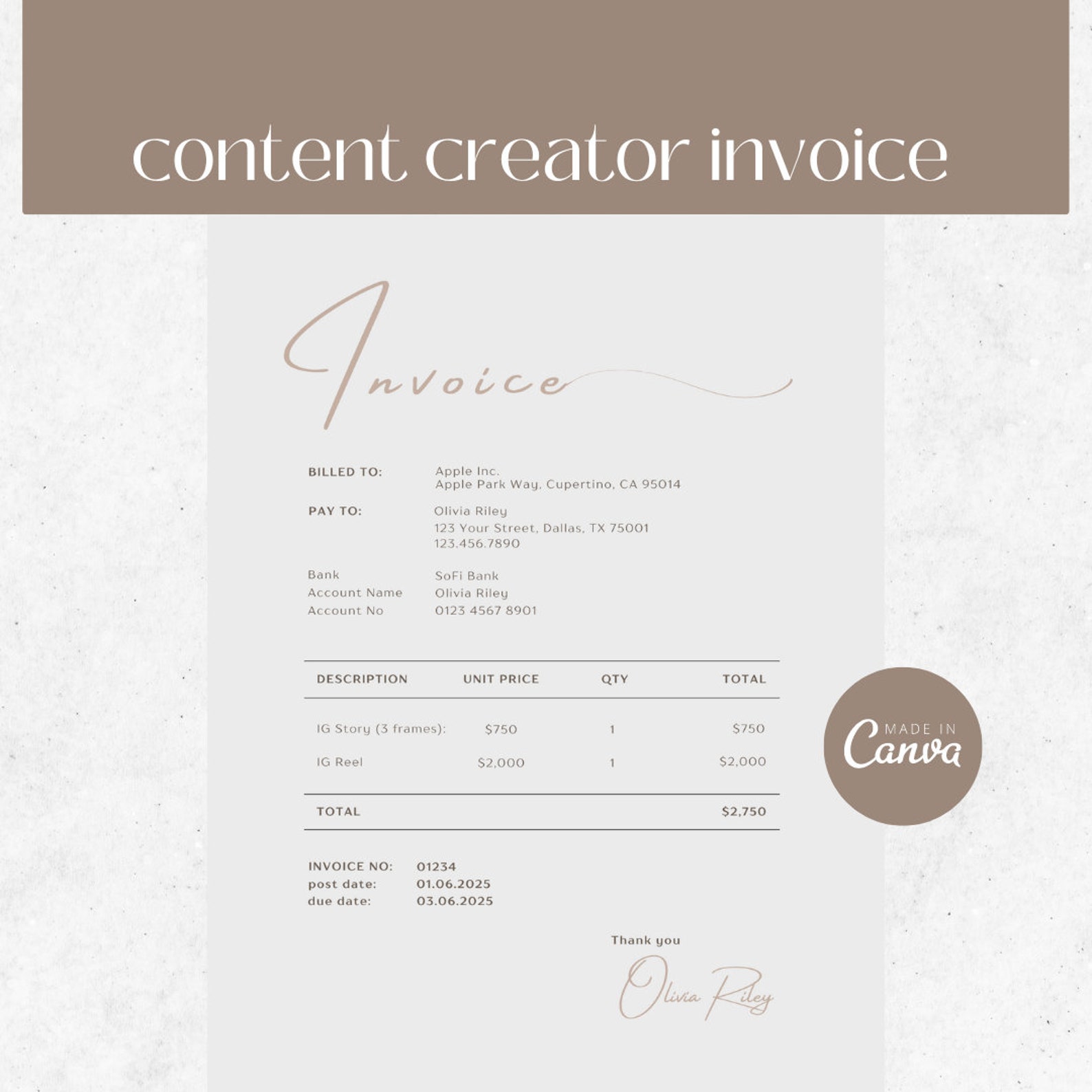 Content Creator Invoice Template | Instagram Influencer Invoice ...