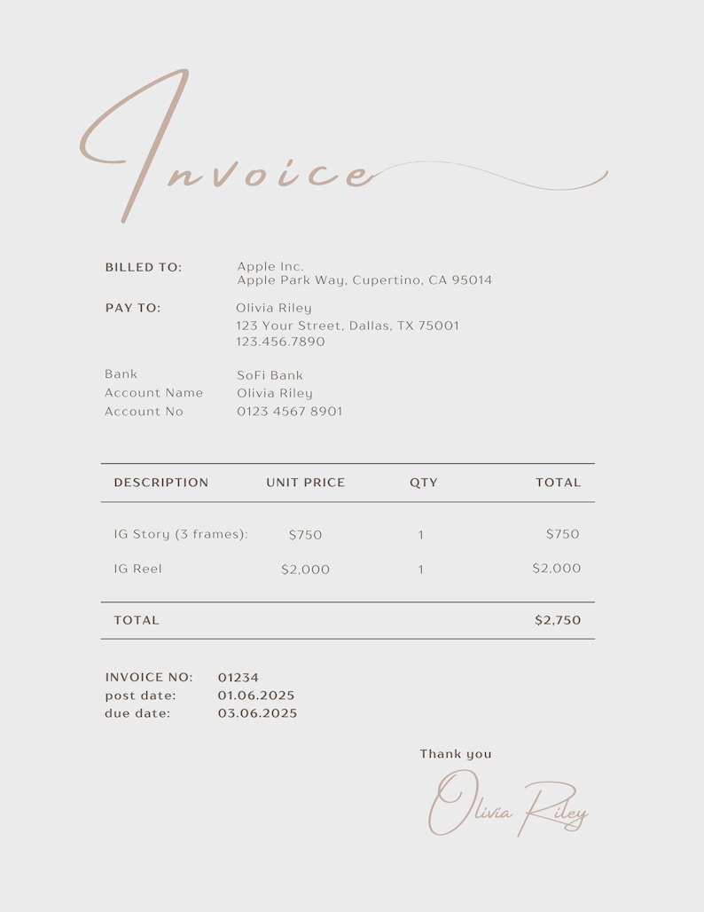 Content Creator Invoice Template | Instagram Influencer Invoice ...