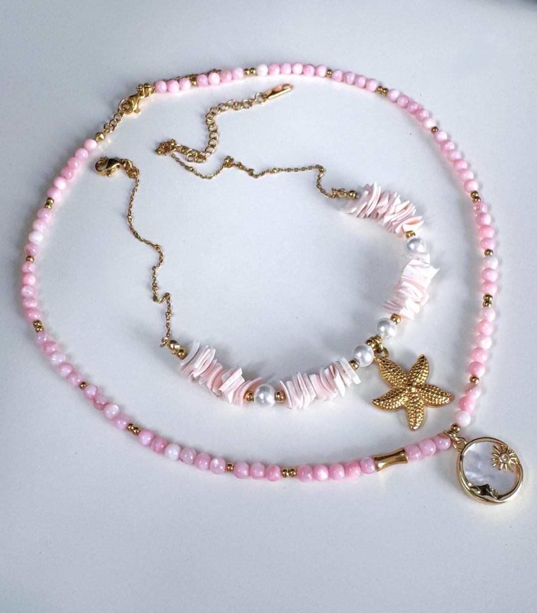 Layered Shell and Stones Necklace Set: Boho Beach Jewelry, Gold Plated ...