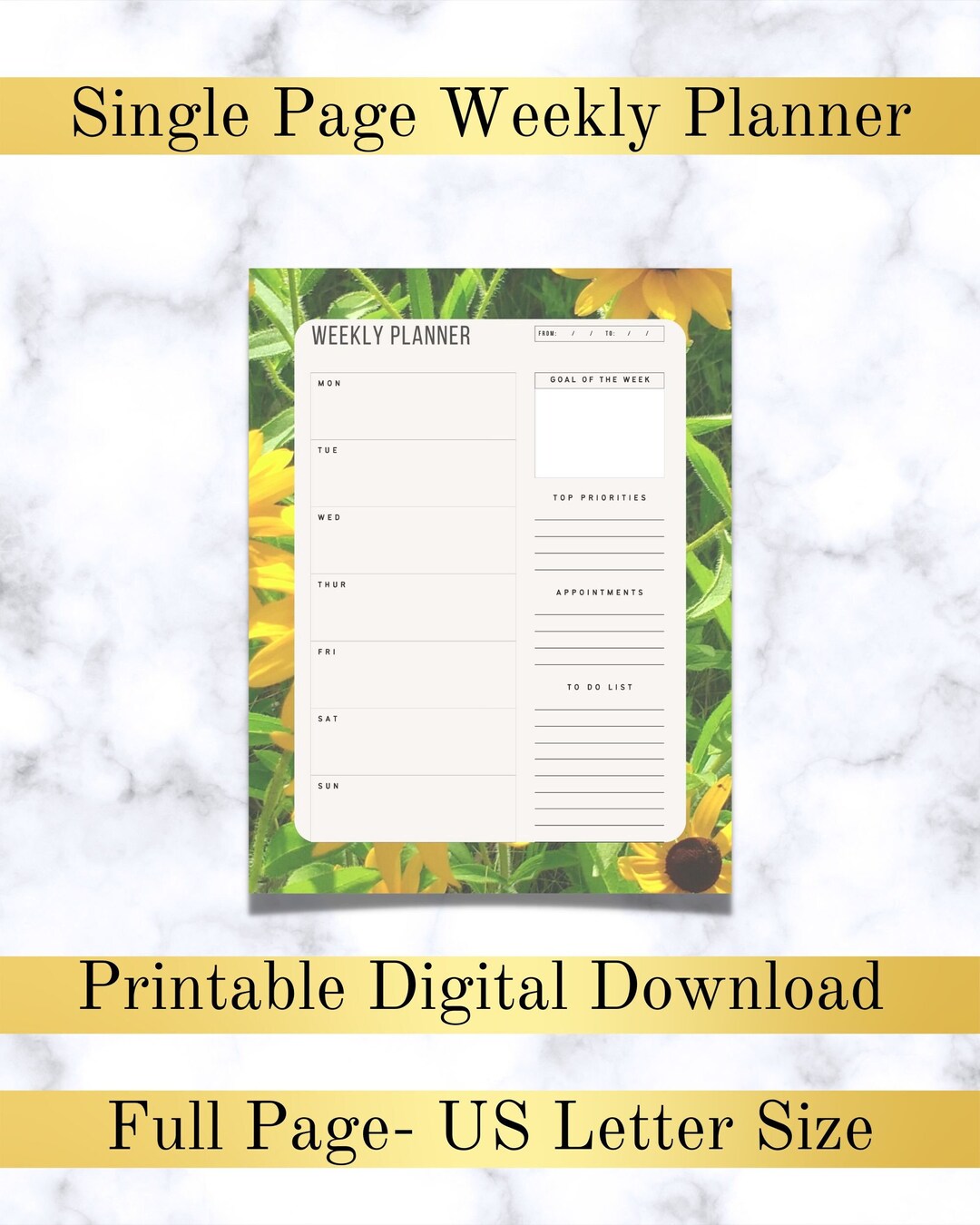Single Sheet Weekly Planner Page, Black-eyed Susan Printable Schedule ...