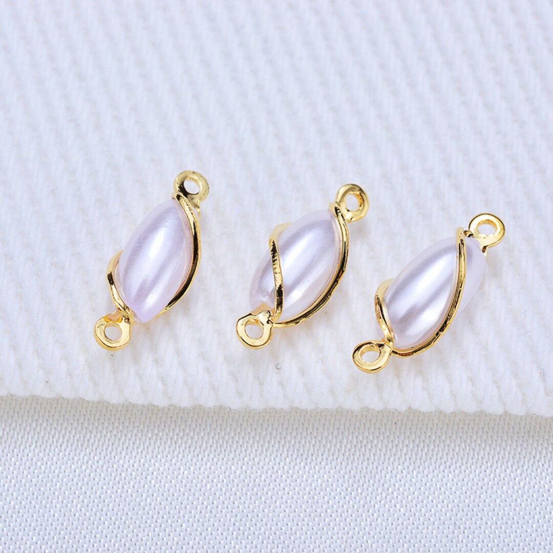 10 Imitation Pearl Oval Bead Connections, 18K Gold Wire Wrapped Bead ...