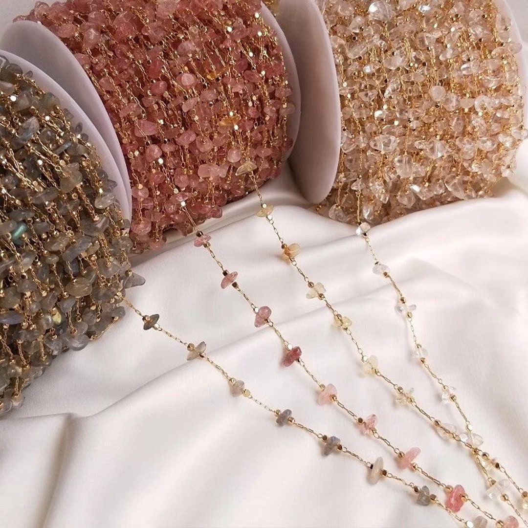 Crystal Inlaid Long Chain, Natural Stone Bead Chain - Pink Bead Chain ...